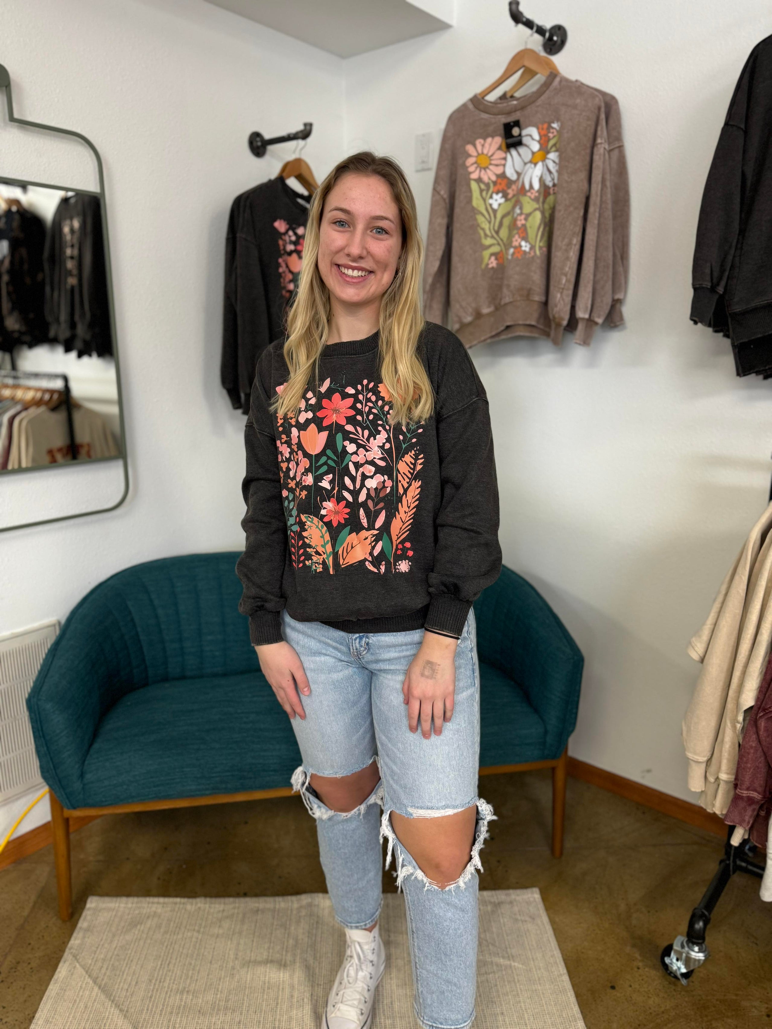 Wildflowers on Ash Black Crewneck | Cottonwood Custom Tees & Designs